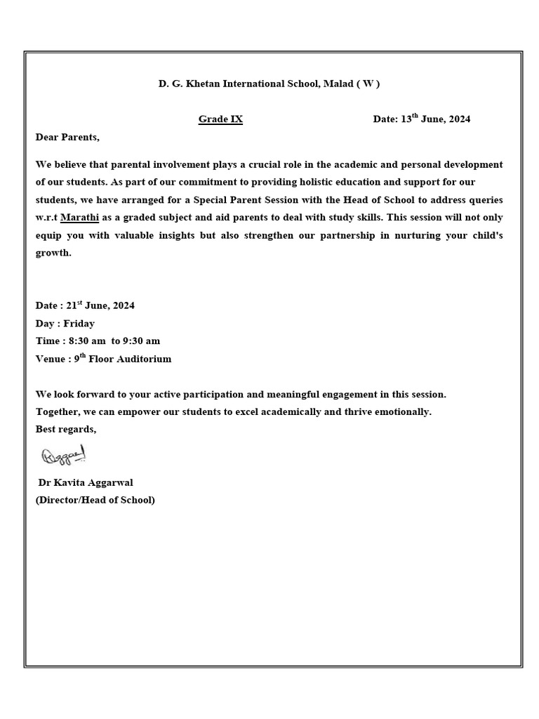 Circular For Parent Session | PDF