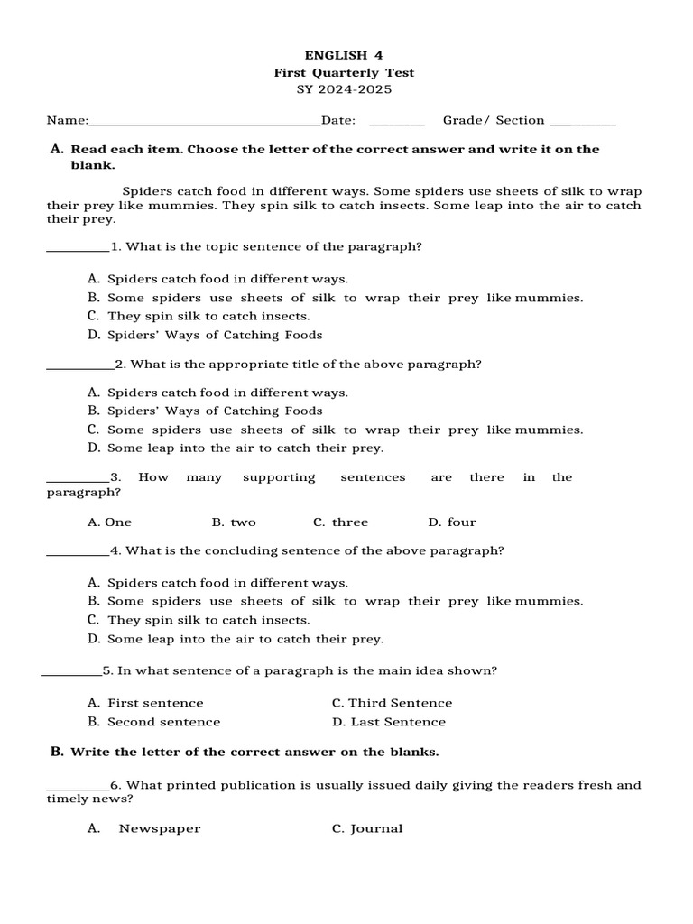 ENGLISH 4_Q1_pt (1) | PDF | Paragraph | Spider