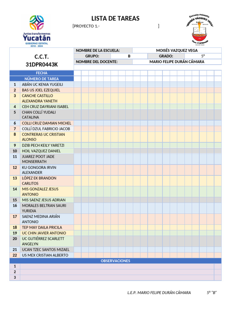 Lista de Tareas 5° B - Escuela Moisés Vazquez | PDF