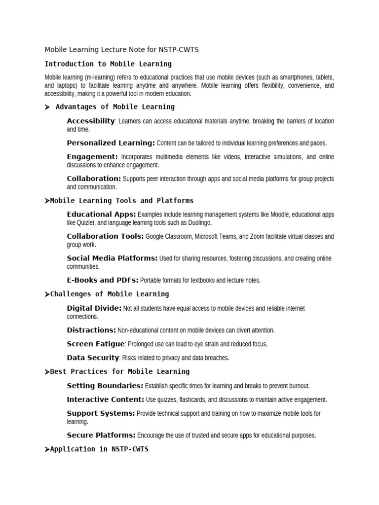 Mobile Learning Lecture Note For NSTP | PDF | Learning | Human Communication