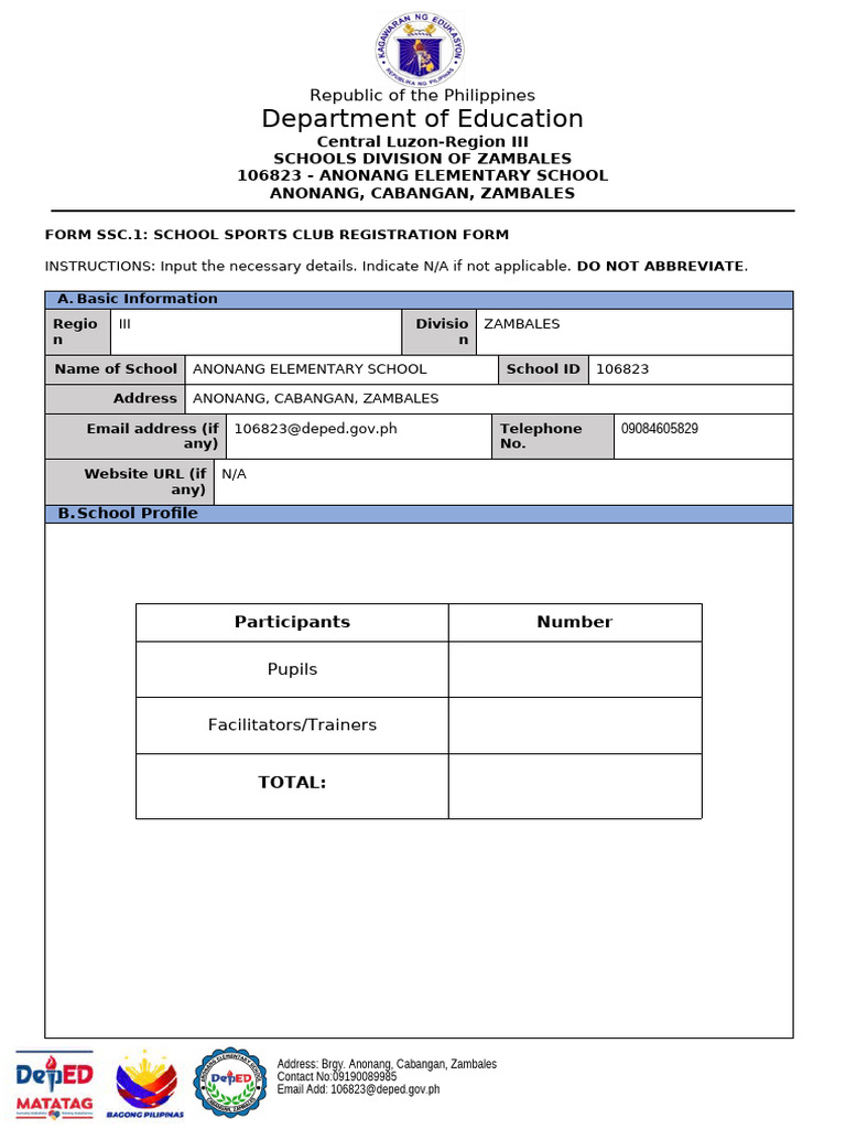 Anonang Elementary School Sports Club Form | PDF