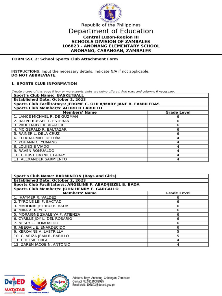 FORM SSC.2 School Sports Club Attachment Form v1 | PDF | Philippines