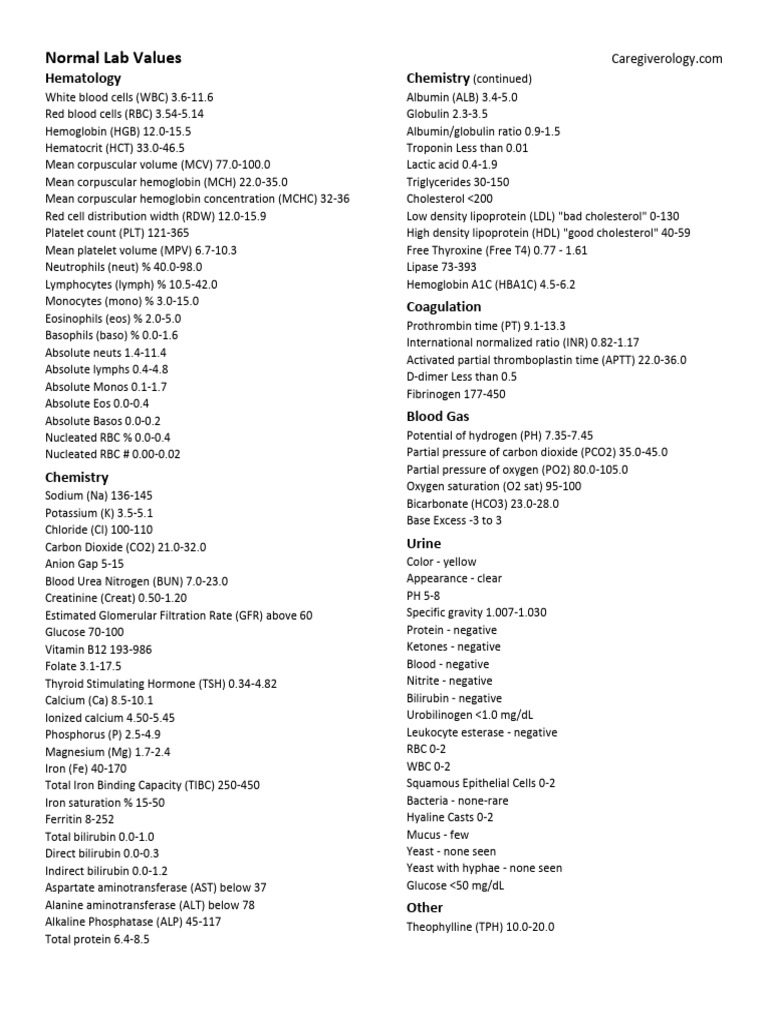 normal-lab-values | PDF | Clinical Medicine | Vertebrates