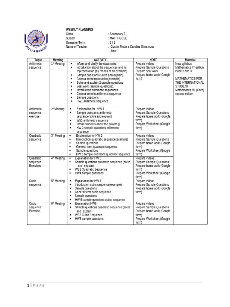 WEEKLY PLANNING Sec3 Math | PDF | Mathematics