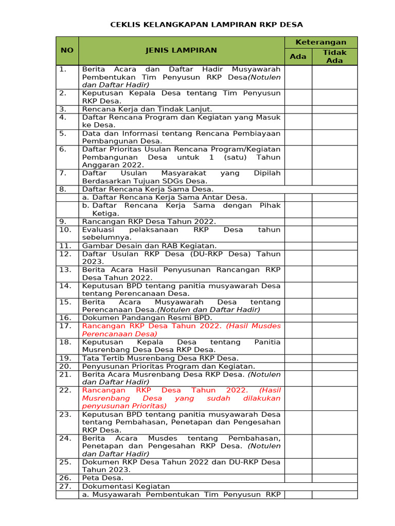 Ceklis Kelangkapan Lampiran RKP Desa | PDF