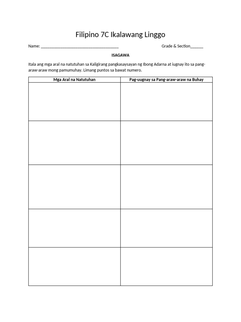Filipino 7C Ikalawang Linggo Worksheet (Modular) | PDF