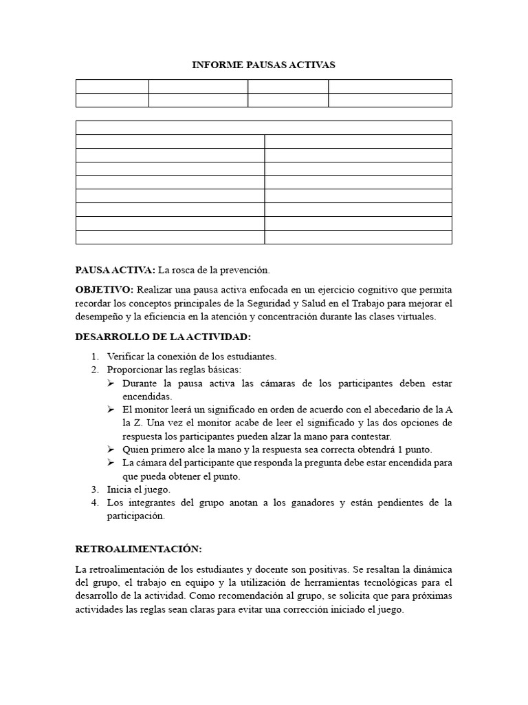 Informe de Pausas Activas en Clases Virtuales | PDF