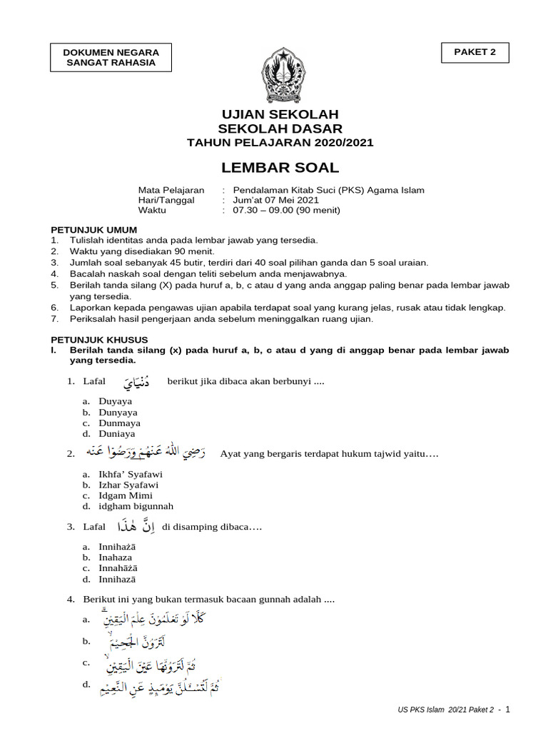 Soal US PKS Islam Paket 2 2021 | PDF