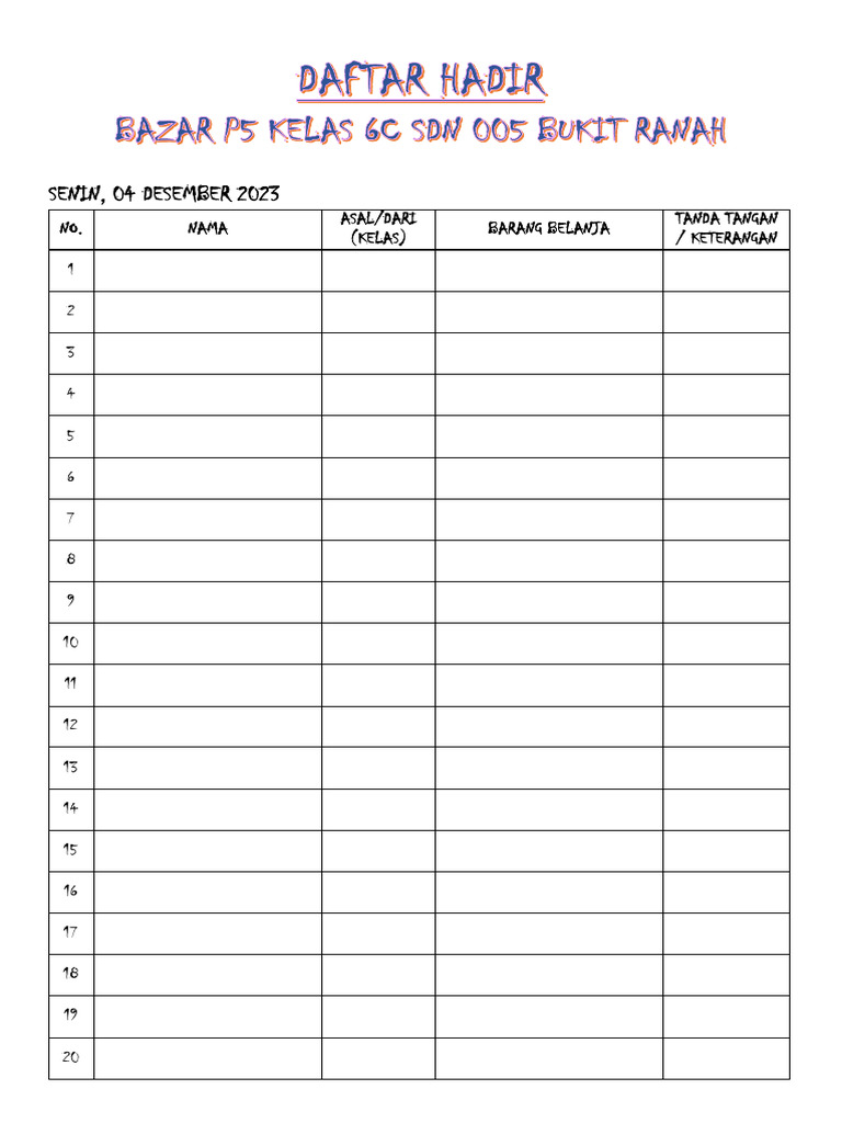 Daftar Hadir Bazar Dan Nama-Nama Menu | PDF
