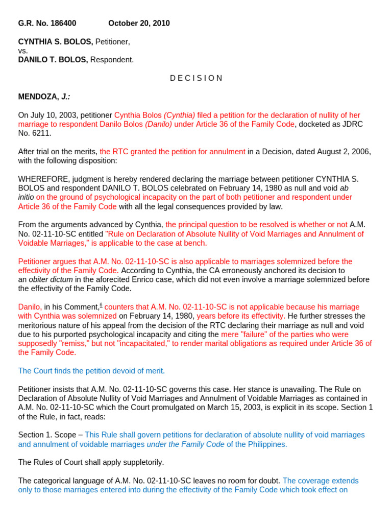 Bolos-vs.-Bolos Important Points | PDF | Annulment | Social Institutions