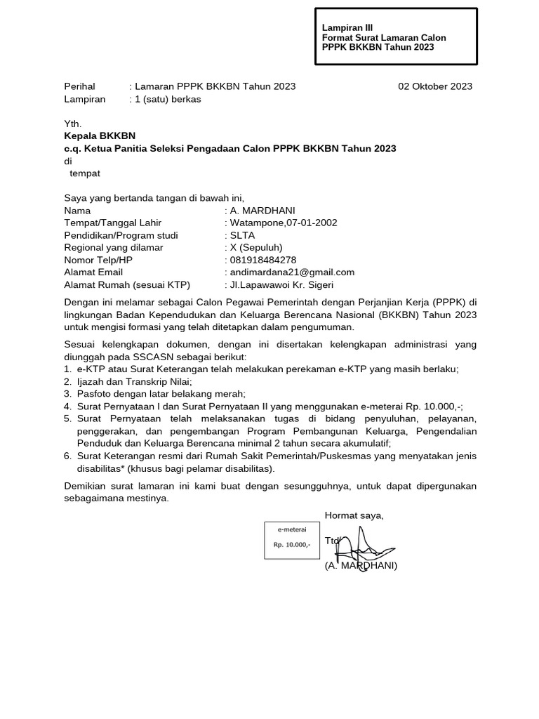 Surat Lamaran Ematerai A. Mardhani | PDF | Hukum