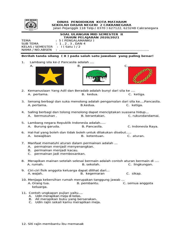 Soal Ulangan Mid Semester Ii Tema 5 THN 2020-2021 Wow | PDF