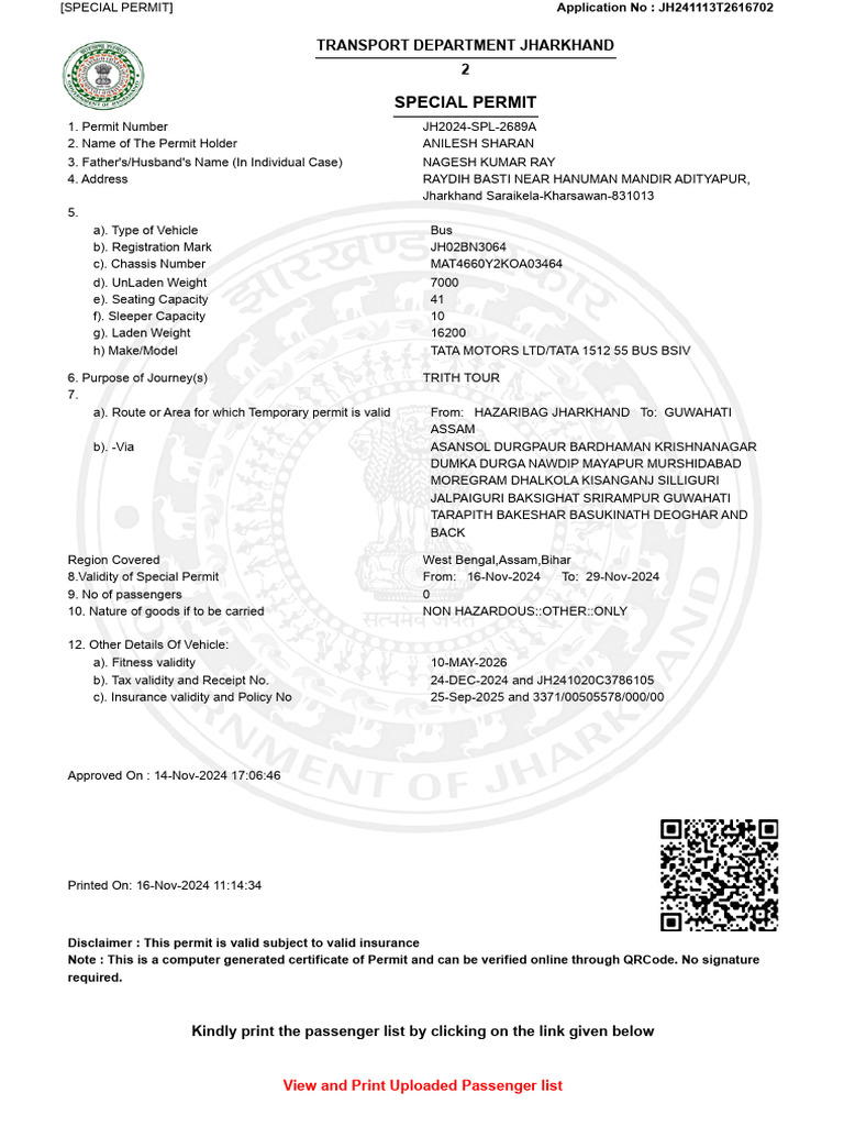 JH02BN3064 Permit Upto 29-11-2024 | PDF | Motor Vehicle | Land Transport