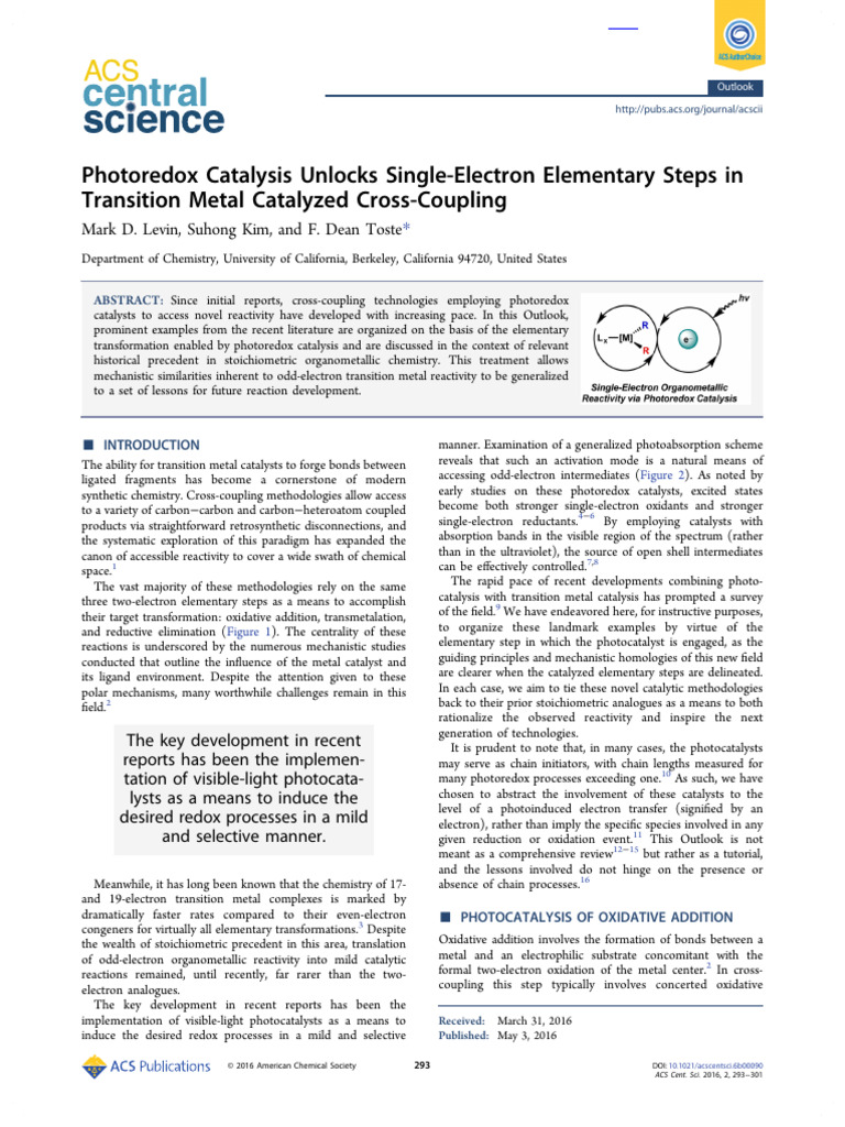 Levin Et Al 2016 Photoredox Catalysis Unlocks Single Electron ...