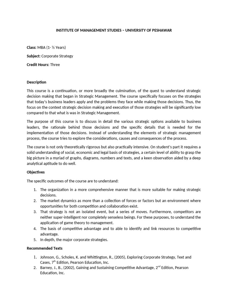 Corporate Strategy Course Outline by Saifullah | PDF | Strategic ...