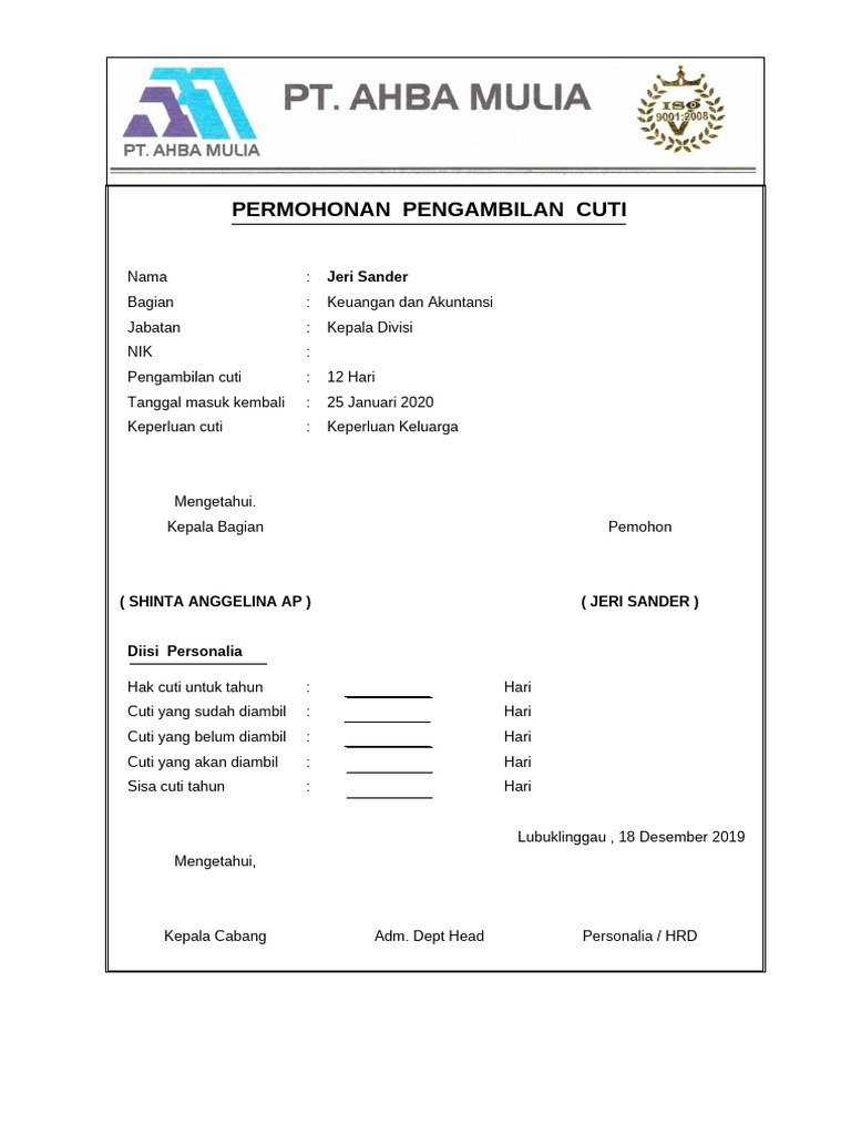 Form Permohonan Pengambilan Cuti | PDF