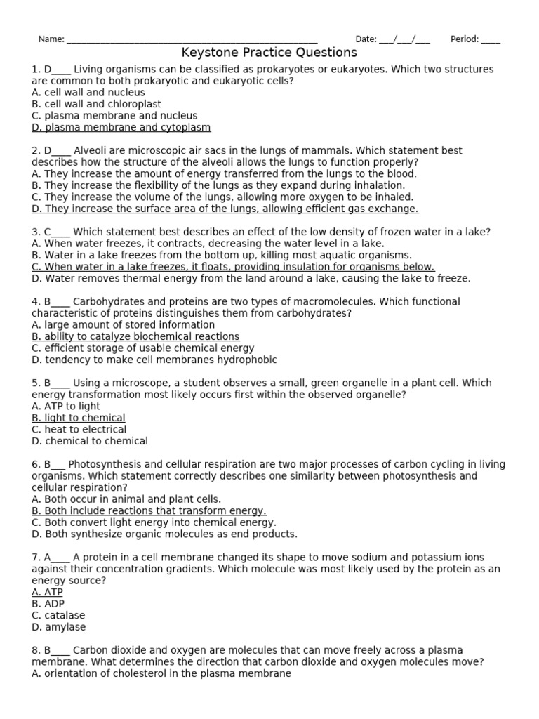 Keystone Practice Questions Teacher 2 | PDF | Cell Membrane | Cell ...