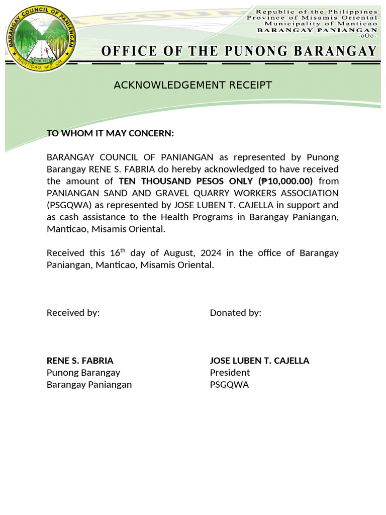 Acknowledgement Receipt 10k Health | PDF