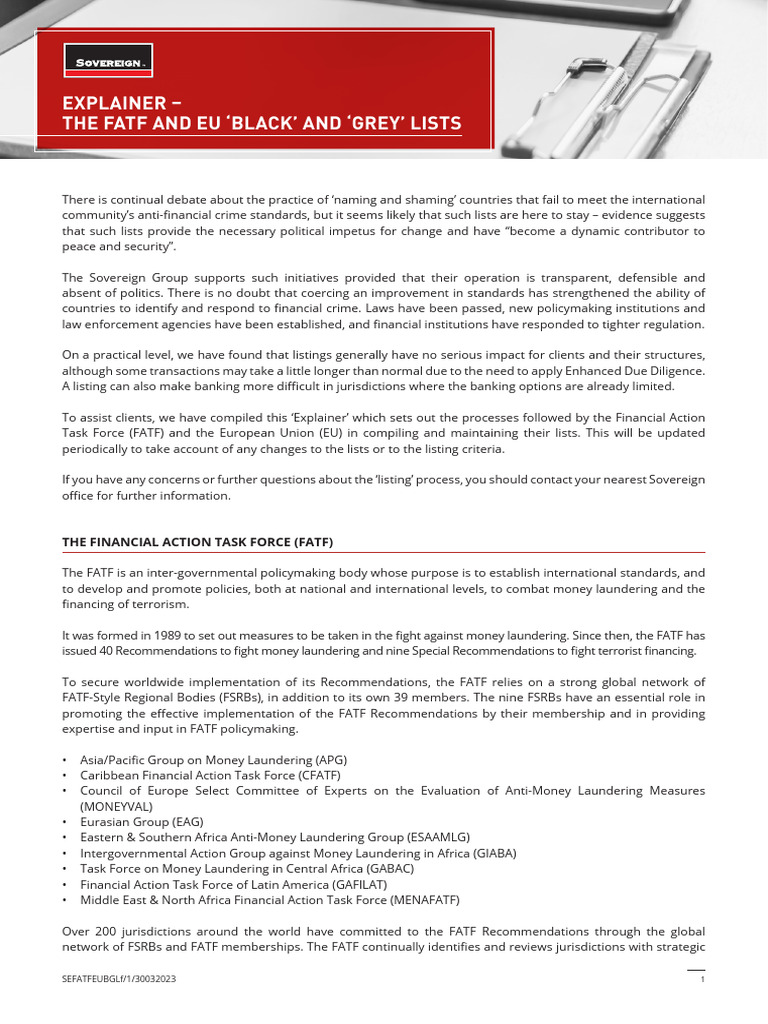Sovereign EXPLAINER - The FATF and EU Black and Grey Lists March 2023 | PDF | Financial Regulation