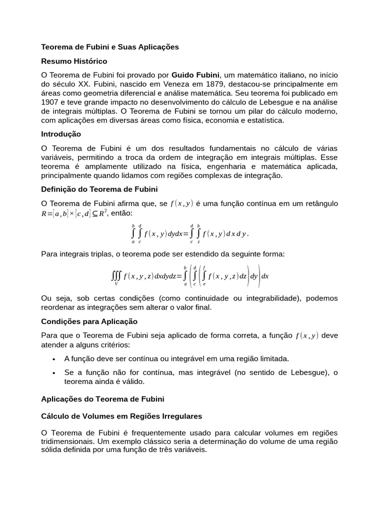 Teorema de Fubini: Definição e Usos | PDF | Cálculo | Matemática