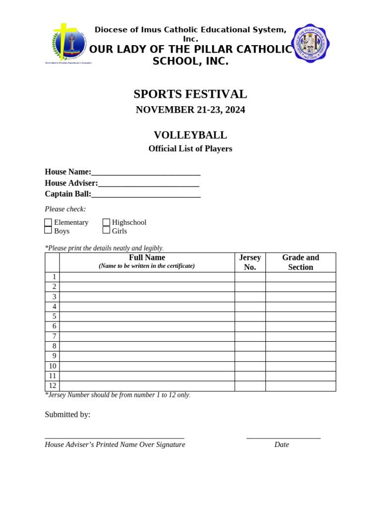 Registration Sheet - Volleyball - Sports Festival 2024 | PDF