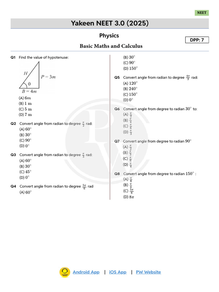 Basic Maths and Calculus - DPP 07 (Of Lec-14) - Yakeen NEET 3.0 2025 | PDF | Metrology | Rotation