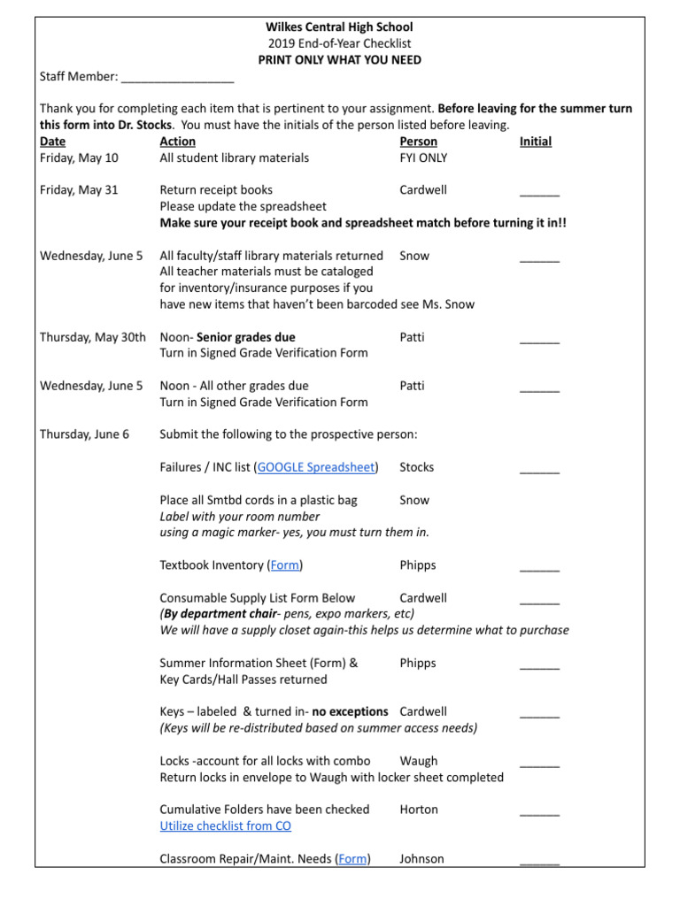 2019 Wilkes Central End-of-Year Checklist | PDF | Classroom
