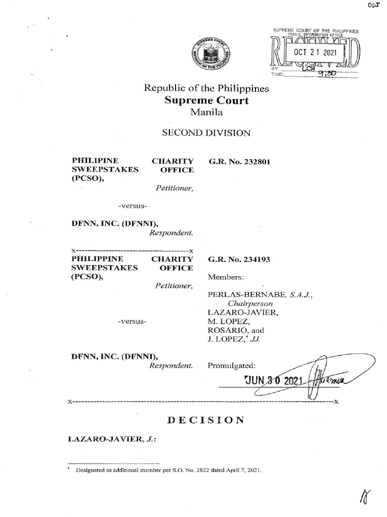 Philippine Charity Sweepstakes Office (PCSO) VS. DFNN, Inc. (DFNNI ...