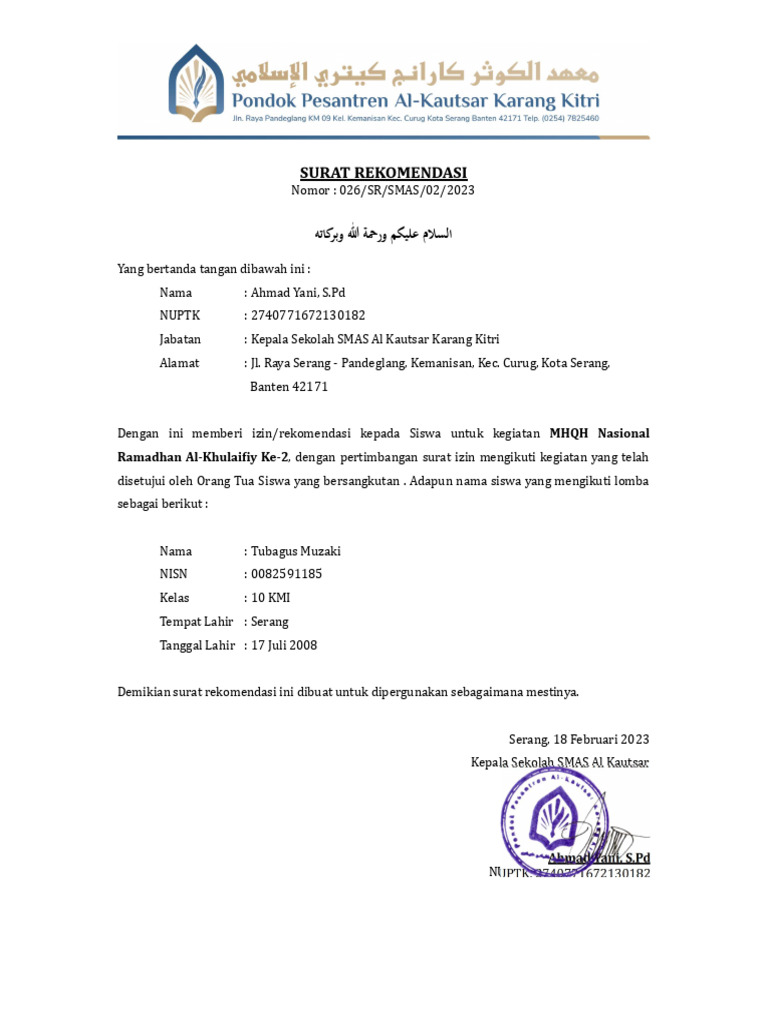 Surat Rekomendasi Lomba (Muzaki) | PDF