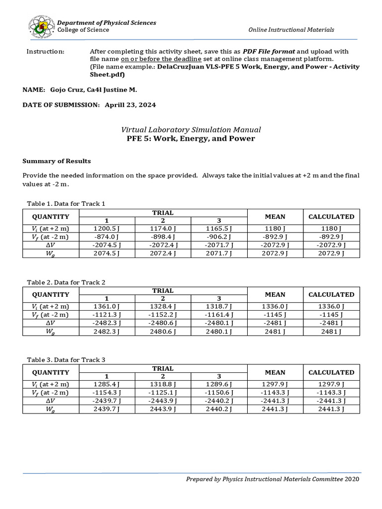 PFE 5: Work, Energy, and Power Lab | PDF | Force | Mechanics