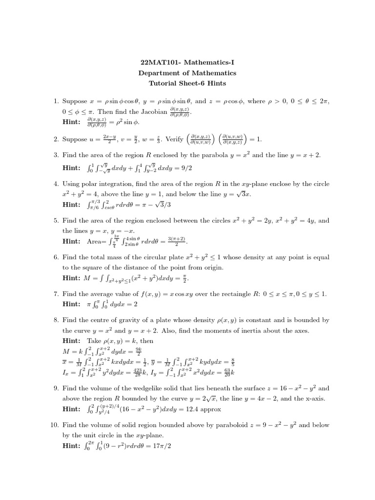 MAT101 2024 Tutorial Sheet-6-Answer Key Updated | PDF | Geometry | Euclidean Geometry