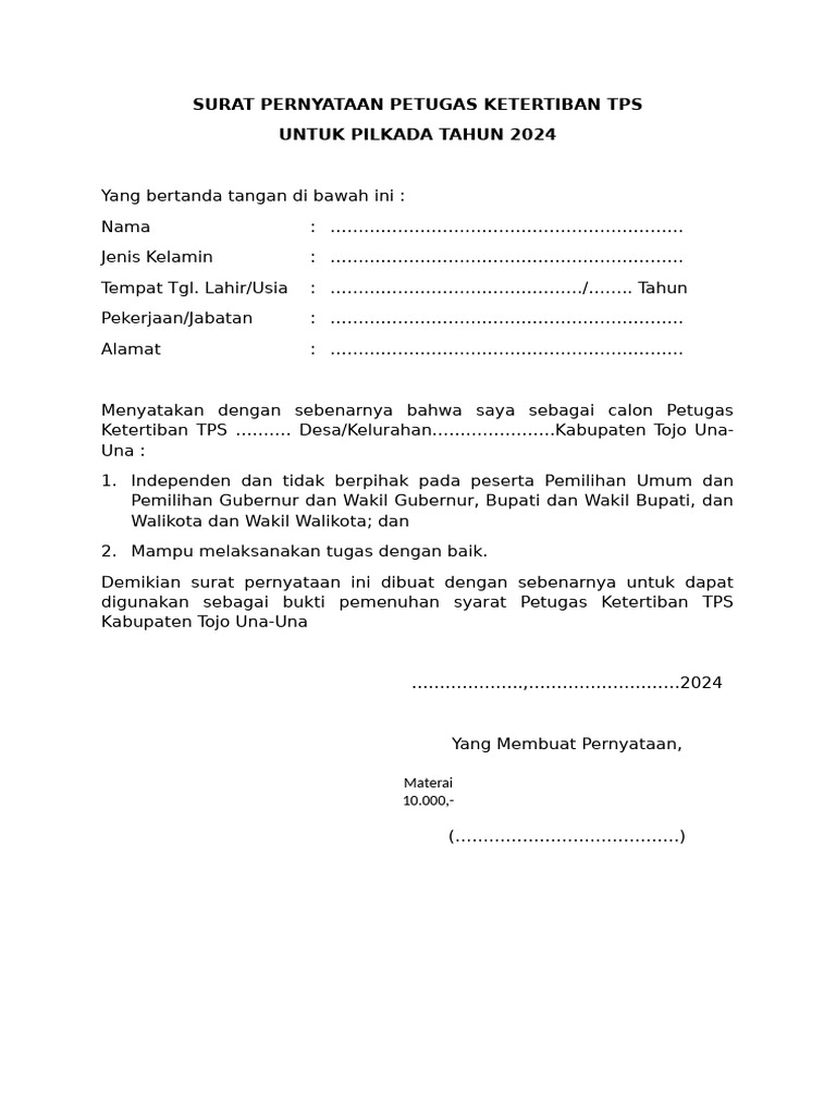 Surat Pernyataan Petugas Ketertiban Tps - Pilkada | PDF | Pengelolaan ...