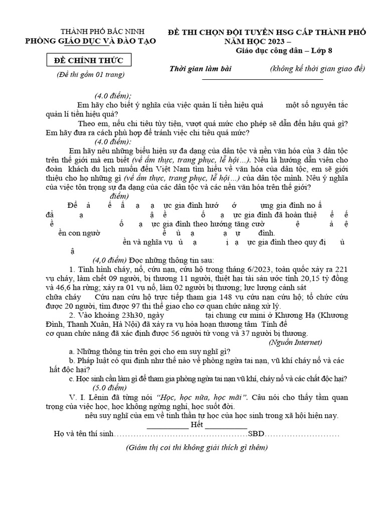 4.Đề thi HSG GDCD 8 23-24 Chính thức | PDF