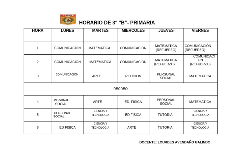 Horario 3° B Primaria Semanal | PDF