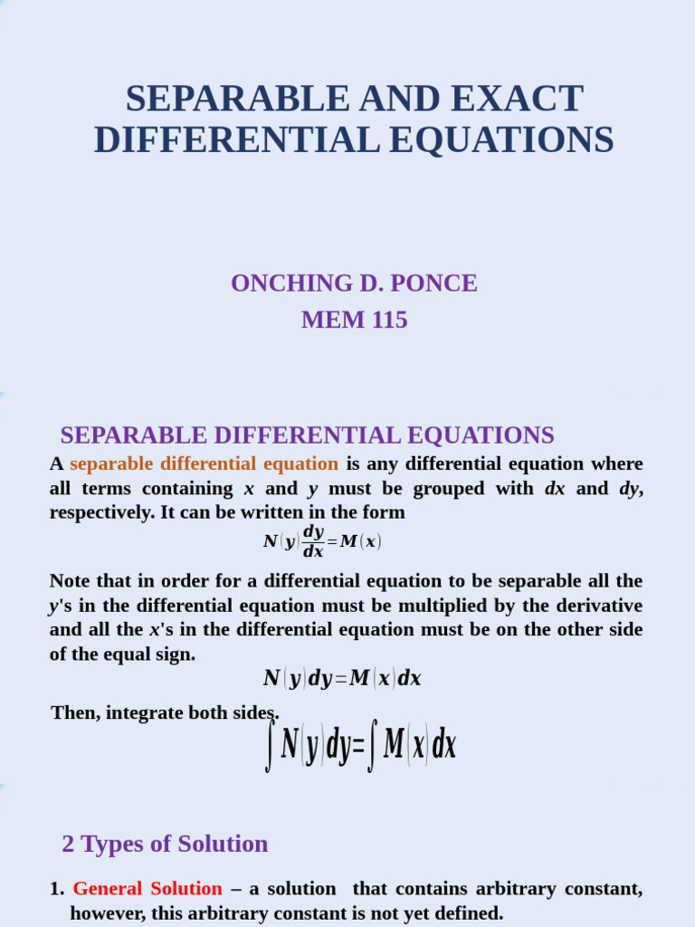Separable and Exact Equations Finals | PDF | Equations | Mathematical Analysis
