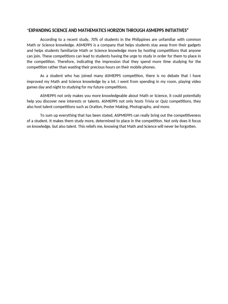 Expanding Science and Mathematics Horizon Through Asmepps Initiatives ...