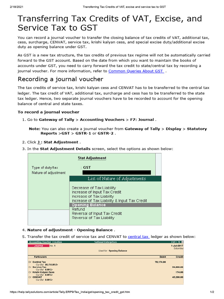 Transferring Tax Credits of VAT, Excise and Service Tax To GST | PDF ...