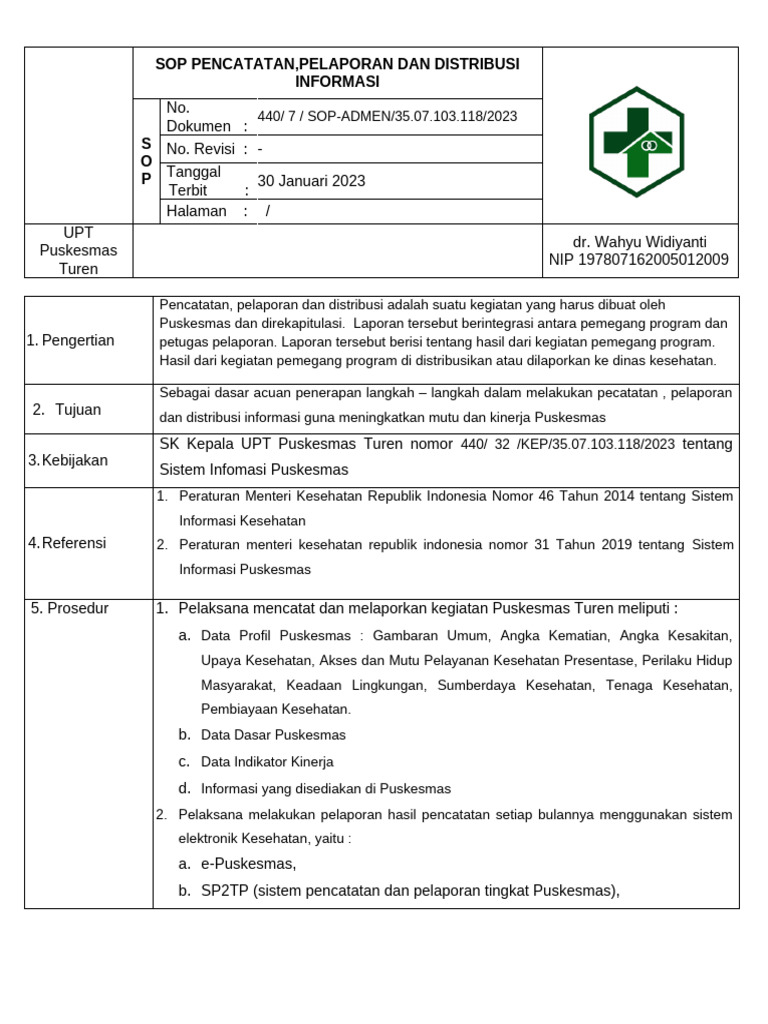 Sop Pencatatan, Pelaporan, Distribusi | PDF