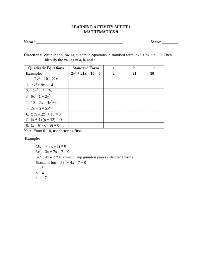 Quadratic Equations Standard Form Guide | PDF | Art