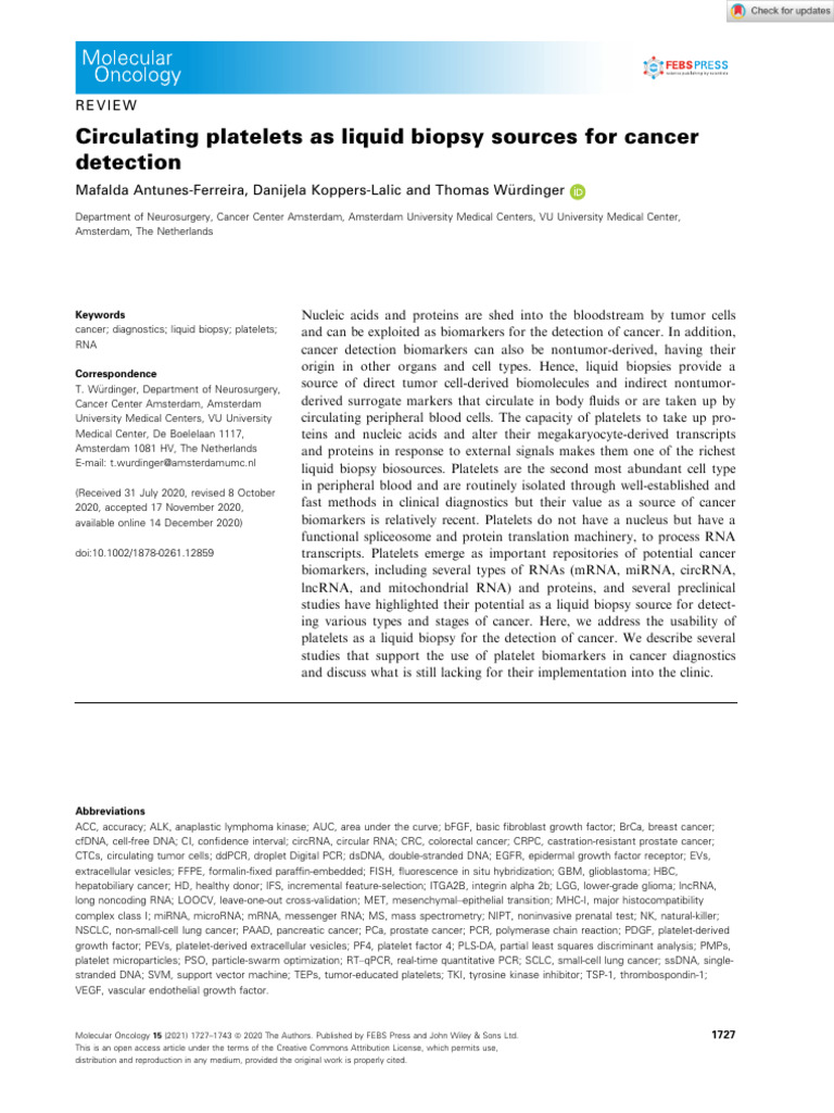 Circulating Platelets As Liquid Biopsy Sources For Cancer Detection ...