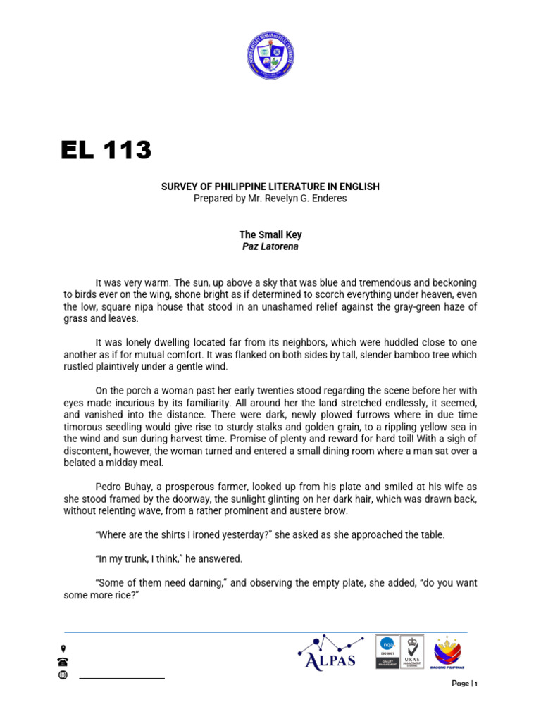 Survey of Philippine Literature: The Small Key | PDF