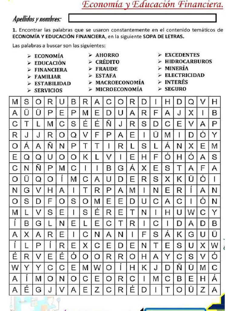 SOPA DE LETRAS, Economía y Educación Financiera - Worksheet | PDF
