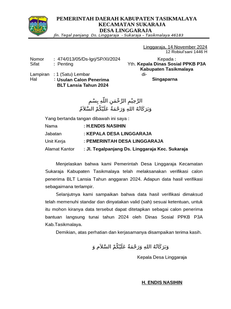 Tambahan-Format Surat Usulan BLT Lansia Tahun 2024 | PDF