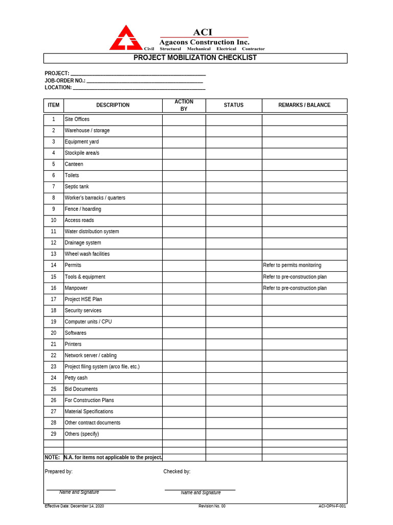 ACI-OPN-F-001 - Project Checklist Form - PROPOSED | PDF