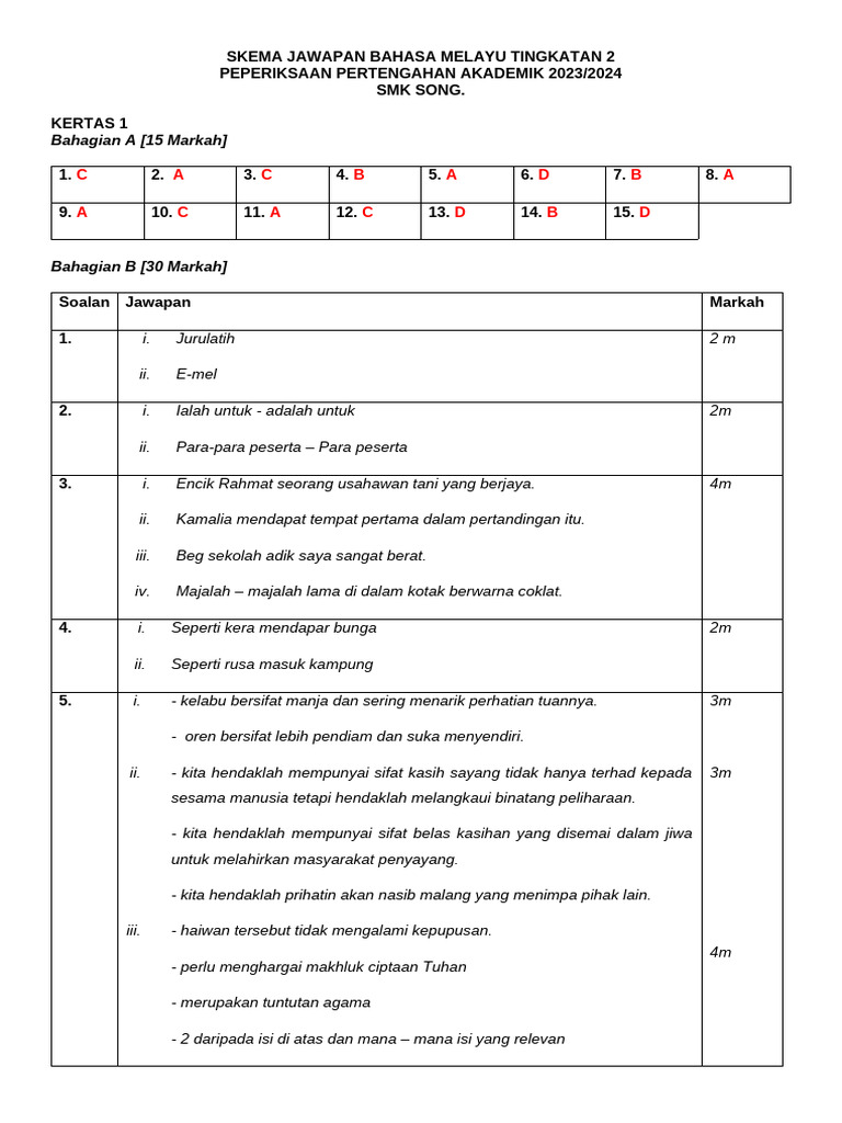 Skema Jawapan BM Ting 1 | PDF