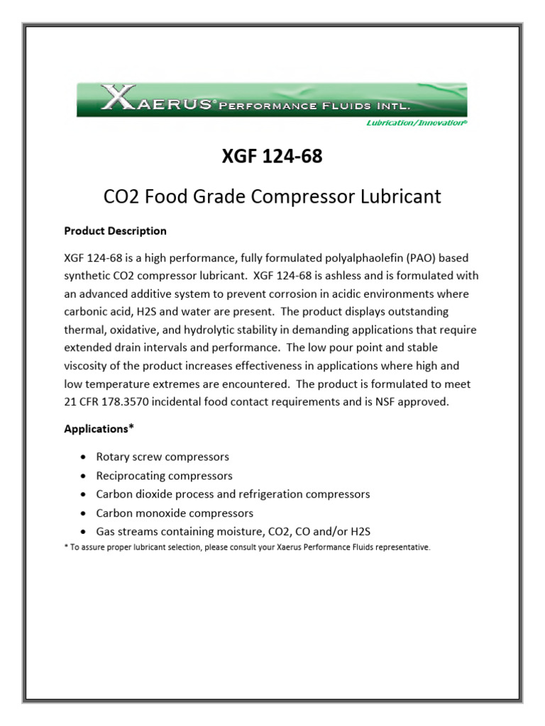 Xaerus Product Data Sheet XGF 124-68 | PDF | Carbon Dioxide | Lubricant
