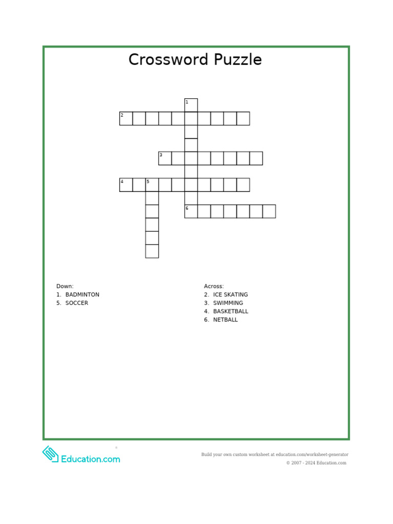 Crossword Puzzle: Down: Across: 1. Badminton 2. Ice Skating 3. Swimming ...