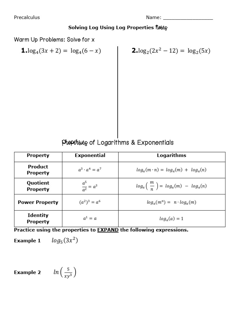 Day 5 Solving Logs Using Log Properties | PDF | Logarithm | Exponential Function