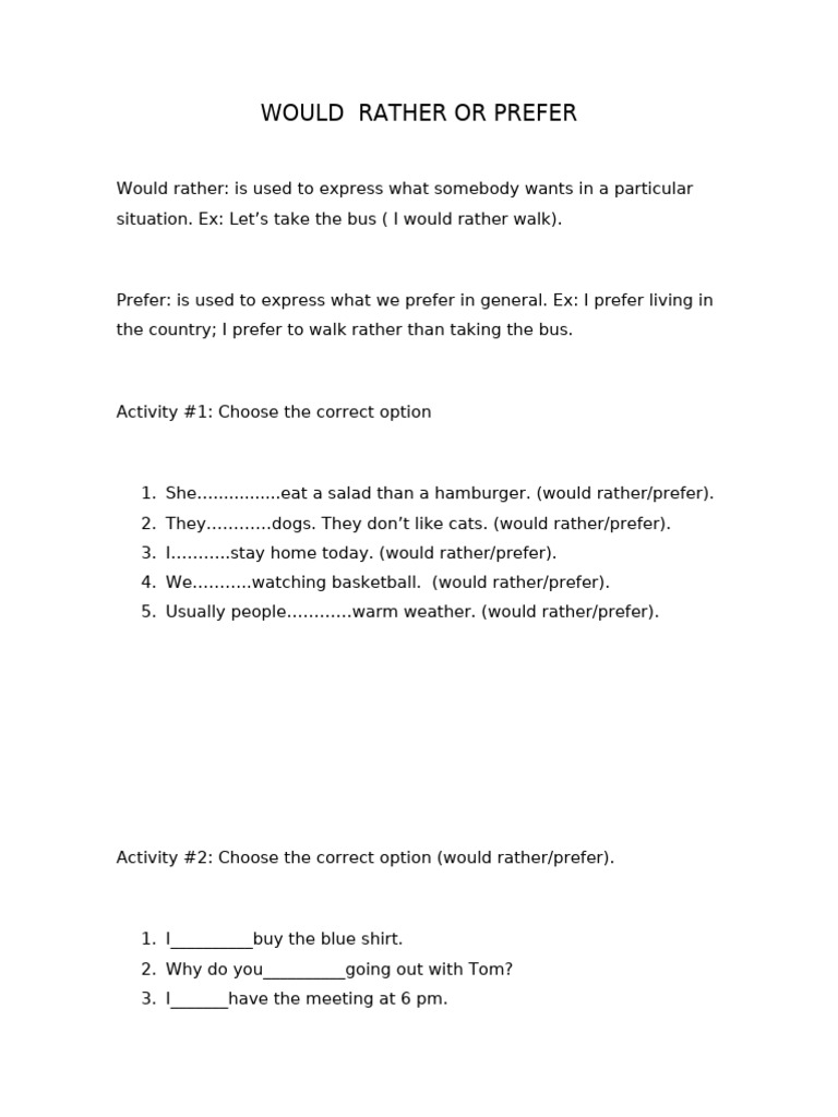 Would Rather or Prefer | PDF | Self-Improvement | Lifestyle