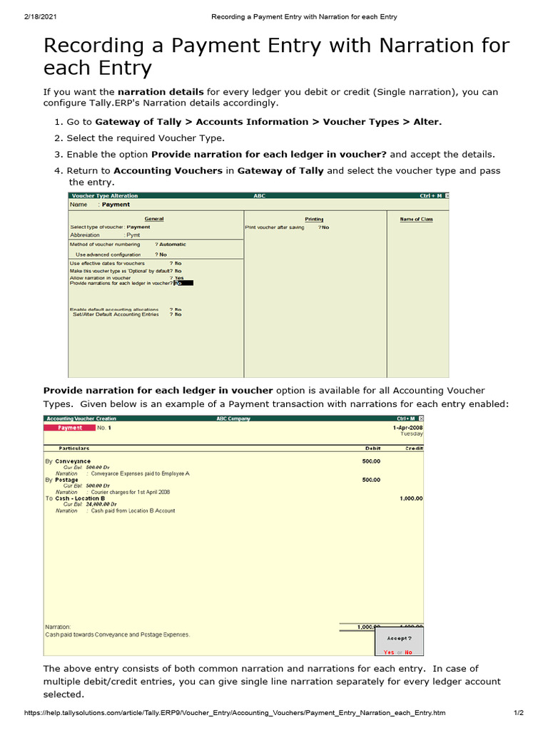 Recording A Payment Entry With Narration For Each Entry | PDF